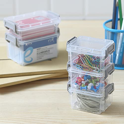 3 Pack Mini Plastic Storage Bin Organizing Container with Lids and Latching Buckles Stackable and Nestable Clear Storage Containers Latching Box with Handle for Organizing, Small(Blue/Grey Handle)