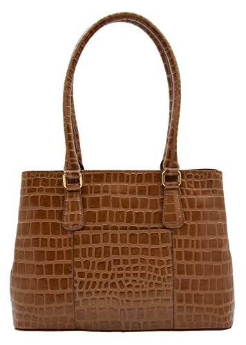 Womens Leather Shoulder Bag Croc Print Hobo Handbag Colours Black Bordo Green Tan Sylvia, Tan