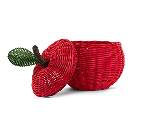 G6 COLLECTION Apple Rattan Storage Basket with Lid Decorative Bin Home Decor Hand Woven Shelf Organizer Cute Handmade Handcrafted Gift Art Decoration Artwork Wicker Apple (Small)