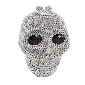 djbm halloween 3d skull clutch purse evening bag rhinestone bag crystal metal clutch for women evening cocktail party, silver