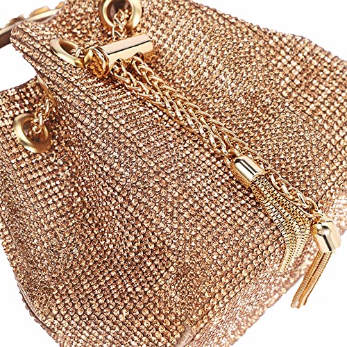 DJBM Women Full Diamonds Bucket Handbag Rhinestone Clutch Purse Evening Clutch for Women Party Prom Cocktail Wedding, Gold