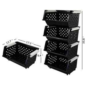 Jekiyo 4 Packs Large Stackable Storage Bins, Plastic Stacking Basket, Black