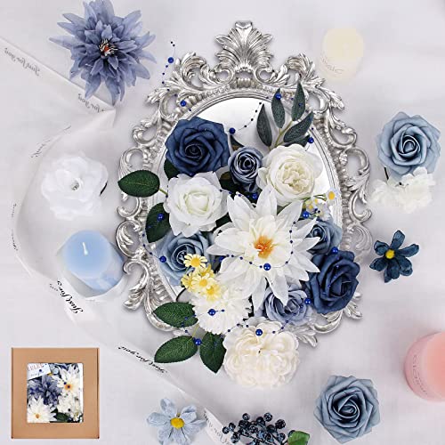 LELEE Artificial Flowers Rose Fake Silk Flower Combo Dusty Blue Foam Roses Bulk Decor Set for Wedding Bouquets Centerpieces Arrangements Cake Party Table Bridal Baby Shower Home Decorations