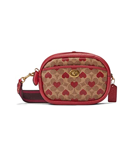 COACH Coated Canvas Signature with Heart Print Camera Bag with Webbing Strap Tan Red Apple One Size