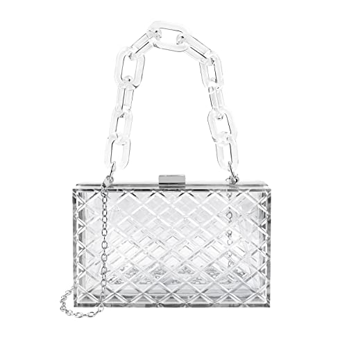 Clear Purse for Women, Acrylic Box Evening Clutch Bag, Transparent Stadium Approved Crossbody Shoulder Handle Handbag Fits Party, School Prom & Concerts (Silver)