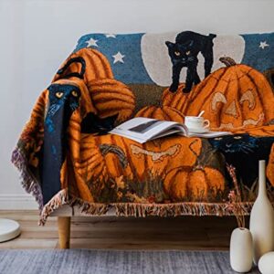 CUEERBOT Throw Blanket for Couch，Indie Room Decor Black Cat and Halloween Pumpkin Cotton Blanket (Orange, Large 63X87 Inches)