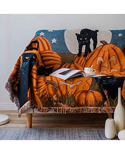 CUEERBOT Throw Blanket for Couch，Indie Room Decor Black Cat and Halloween Pumpkin Cotton Blanket (Orange, Large 63X87 Inches)