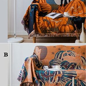 CUEERBOT Throw Blanket for Couch，Indie Room Decor Black Cat and Halloween Pumpkin Cotton Blanket (Orange, Large 63X87 Inches)