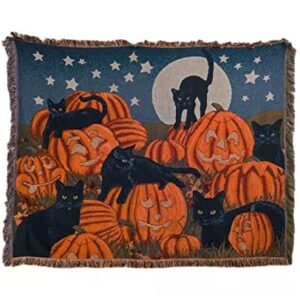 CUEERBOT Throw Blanket for Couch，Indie Room Decor Black Cat and Halloween Pumpkin Cotton Blanket (Orange, Large 63X87 Inches)