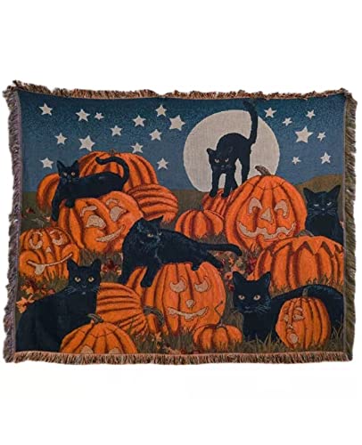 CUEERBOT Throw Blanket for Couch，Indie Room Decor Black Cat and Halloween Pumpkin Cotton Blanket (Orange, Large 63X87 Inches)