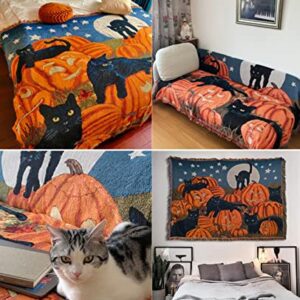 CUEERBOT Throw Blanket for Couch，Indie Room Decor Black Cat and Halloween Pumpkin Cotton Blanket (Orange, Large 63X87 Inches)