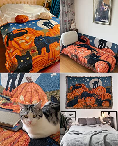 CUEERBOT Throw Blanket for Couch，Indie Room Decor Black Cat and Halloween Pumpkin Cotton Blanket (Orange, Large 63X87 Inches)