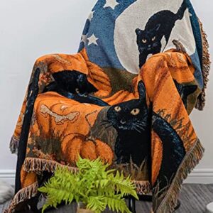 CUEERBOT Throw Blanket for Couch，Indie Room Decor Black Cat and Halloween Pumpkin Cotton Blanket (Orange, Large 63X87 Inches)