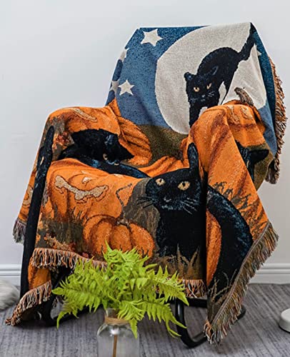 CUEERBOT Throw Blanket for Couch，Indie Room Decor Black Cat and Halloween Pumpkin Cotton Blanket (Orange, Large 63X87 Inches)