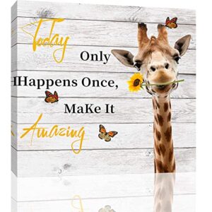 fotric giraffe wall art decor cute giraffe sunflower butterfly picture wall decor home kids room nursery decor animal canvas wall art framed painting (wooden frame8”x8”,giraffe)