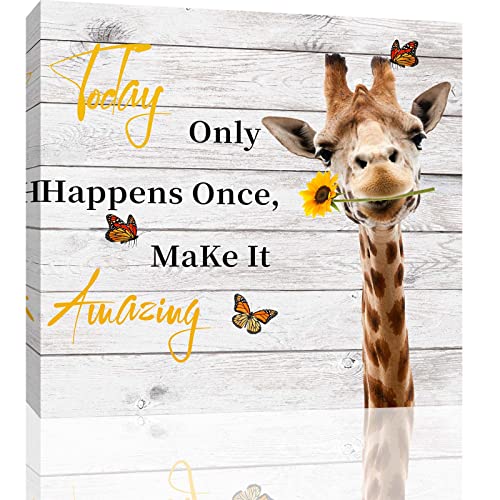 FOTRIC Giraffe Wall Art Decor Cute Giraffe Sunflower Butterfly Picture Wall Decor Home Kids Room Nursery Decor Animal Canvas Wall Art Framed Painting (Wooden frame8''x8'',GIRAFFE)