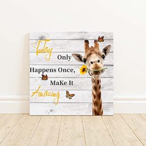 FOTRIC Giraffe Wall Art Decor Cute Giraffe Sunflower Butterfly Picture Wall Decor Home Kids Room Nursery Decor Animal Canvas Wall Art Framed Painting (Wooden frame8''x8'',GIRAFFE)