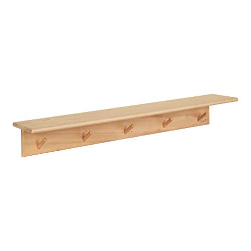 Kate and Laurel Alta Modern Floating Wood Wall Shelf with Coat Hooks, 36 x 5 x 5, Natural Wood, Decorative Wooden Shelf with 5 Hanging Posts for Storage