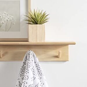 Kate and Laurel Alta Modern Floating Wood Wall Shelf with Coat Hooks, 36 x 5 x 5, Natural Wood, Decorative Wooden Shelf with 5 Hanging Posts for Storage