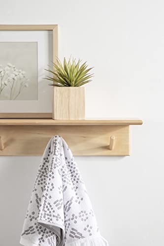 Kate and Laurel Alta Modern Floating Wood Wall Shelf with Coat Hooks, 36 x 5 x 5, Natural Wood, Decorative Wooden Shelf with 5 Hanging Posts for Storage