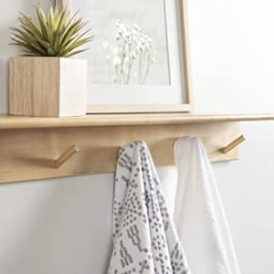 Kate and Laurel Alta Modern Floating Wood Wall Shelf with Coat Hooks, 36 x 5 x 5, Natural Wood, Decorative Wooden Shelf with 5 Hanging Posts for Storage