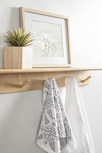 Kate and Laurel Alta Modern Floating Wood Wall Shelf with Coat Hooks, 36 x 5 x 5, Natural Wood, Decorative Wooden Shelf with 5 Hanging Posts for Storage