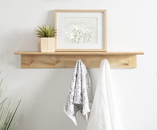 Kate and Laurel Alta Modern Floating Wood Wall Shelf with Coat Hooks, 36 x 5 x 5, Natural Wood, Decorative Wooden Shelf with 5 Hanging Posts for Storage