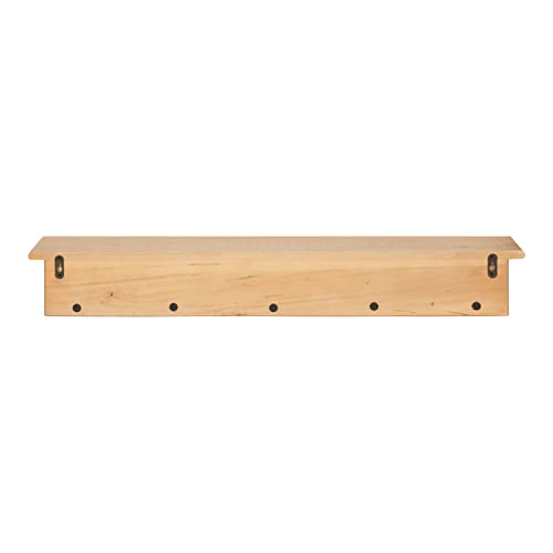 Kate and Laurel Alta Modern Floating Wood Wall Shelf with Coat Hooks, 36 x 5 x 5, Natural Wood, Decorative Wooden Shelf with 5 Hanging Posts for Storage