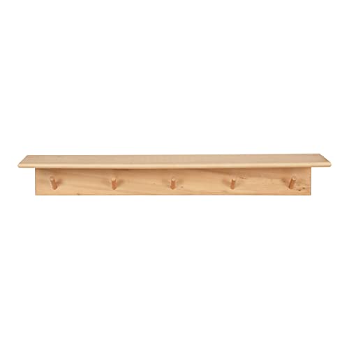 Kate and Laurel Alta Modern Floating Wood Wall Shelf with Coat Hooks, 36 x 5 x 5, Natural Wood, Decorative Wooden Shelf with 5 Hanging Posts for Storage