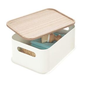 idesign recycled plastic medium storage bin with handles and paulownia wood lid