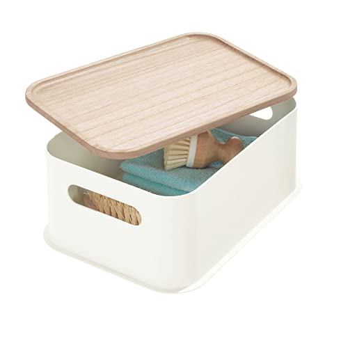 iDesign Recycled Plastic Medium Storage Bin with Handles and Paulownia Wood Lid