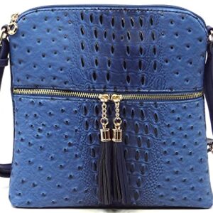 Ostrich Croc Tassel Zipper Pocket Crossbody Bag Animal Pattern Printed Shoulder Bag Womens Purse Satchel (Royal Blue)