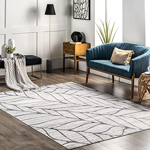 nuLOOM Lanette Abstract Leaves Machine Washable Area Rug, 8' x 10', Light Grey