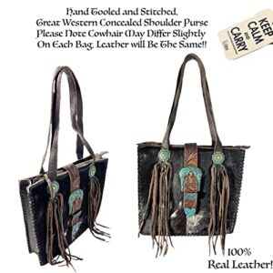 Urbalabs Western Cowhair Concealed Carry Shoulder Bag Buckle Fringe Purse Genuine Leather Handmade Stitched Handbag (Dark Brown)