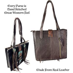 Urbalabs Western Cowhair Concealed Carry Shoulder Bag Buckle Fringe Purse Genuine Leather Handmade Stitched Handbag (Dark Brown)