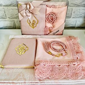 Muslim Prayer Rug, Yaseen Surah Pocket-Size Book & Prayer Beads, Perfect Islamic Gift I Mawlid Gift I Suitable for Women,Kids I Soft Islamic Rug | Islamic Ramadan Eid Gifts, (Pink)