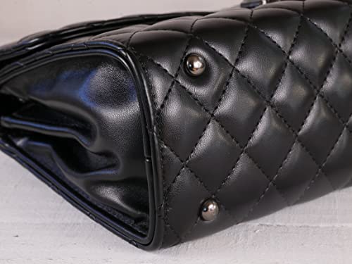 Bella Luna Quilted Faux Leather Crossbody Purse or Shoulder Bag for Women with Flap Handbag and Chain Strap | Black | Gray Chain | Small