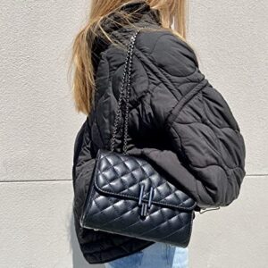 Bella Luna Quilted Faux Leather Crossbody Purse or Shoulder Bag for Women with Flap Handbag and Chain Strap | Black | Gray Chain | Small