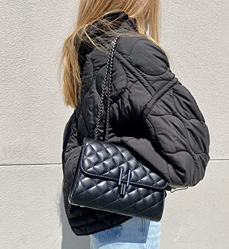 Bella Luna Quilted Faux Leather Crossbody Purse or Shoulder Bag for Women with Flap Handbag and Chain Strap | Black | Gray Chain | Small