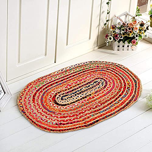 KEMA Jute Cotton Multi Chindi Braid Rug 2X3' Feet, Multi Color, Hand Woven & Reversible for Living Room Kitchen Entryway Rug,Jute Burlap Cotton Rag Rug 24x36 inch, Farmhouse Rag Rug, Rustic Rug