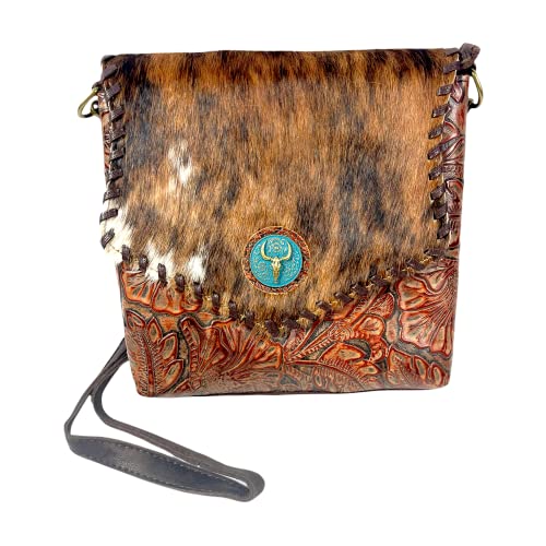 Urbalabs Western Crossbody Purse Cowhair Handbag Leather Longhorn Cow Skull Tooled Tote Bag Hand Stitched Purses (Dark Brown)