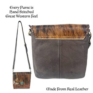 Urbalabs Western Crossbody Purse Cowhair Handbag Leather Longhorn Cow Skull Tooled Tote Bag Hand Stitched Purses (Dark Brown)