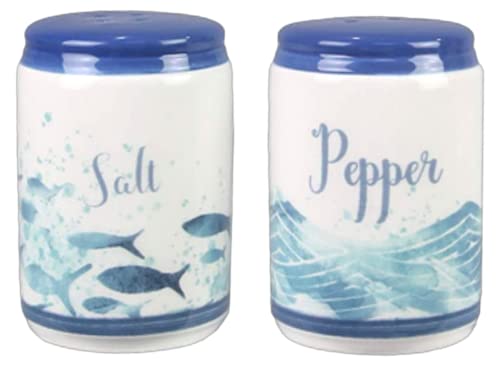 Beachy Blue Fish & Ocean Waves Ceramic Salt & Pepper Shakers