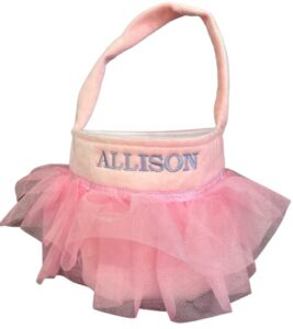 personalized tutu easter basket – egg hunt bucket with name embroidered – customized for girls (pink)