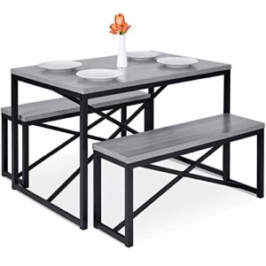 best choice products 45.5in 3-piece bench style dining table furniture set, 4-person space-saving dinette for kitchen, dining room w/ 2 benches, table – gray/black