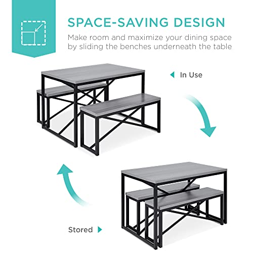 Best Choice Products 45.5in 3-Piece Bench Style Dining Table Furniture Set, 4-Person Space-Saving Dinette for Kitchen, Dining Room w/ 2 Benches, Table - Gray/Black