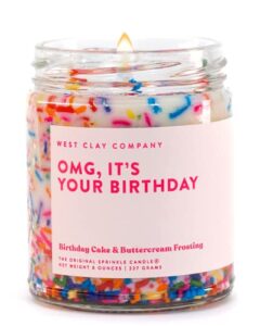 omg, it’s your birthday sprinkle candle | west clay company | happy birthday vanilla cake sprinkles scented soy nontoxic candles for gift | women, bday, birthday gifts for women