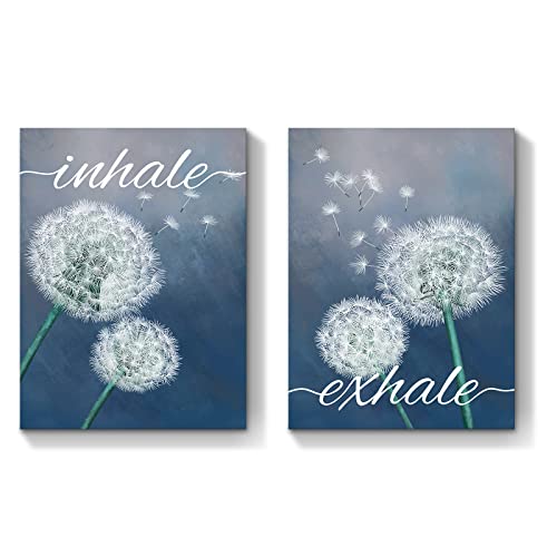 AtGoWac Blue and White Flower Canvas Wall Art Bathroom Decor Pictures Inhale Exhale Quote Prints Spa Room Yoga Decor Dandelion Flower Painting Framed Canvas Print Ready to Hang (12"x16"x2 Panels)