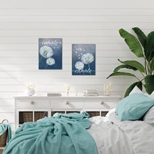 AtGoWac Blue and White Flower Canvas Wall Art Bathroom Decor Pictures Inhale Exhale Quote Prints Spa Room Yoga Decor Dandelion Flower Painting Framed Canvas Print Ready to Hang (12"x16"x2 Panels)