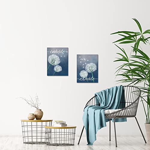 AtGoWac Blue and White Flower Canvas Wall Art Bathroom Decor Pictures Inhale Exhale Quote Prints Spa Room Yoga Decor Dandelion Flower Painting Framed Canvas Print Ready to Hang (12"x16"x2 Panels)